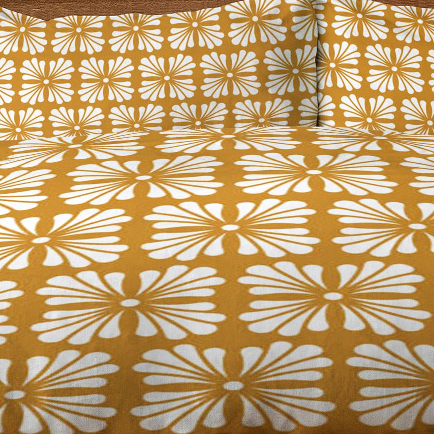Mid Century Geometric Retro Floral Mustard Cotton Duvet Cover Set MARG ...