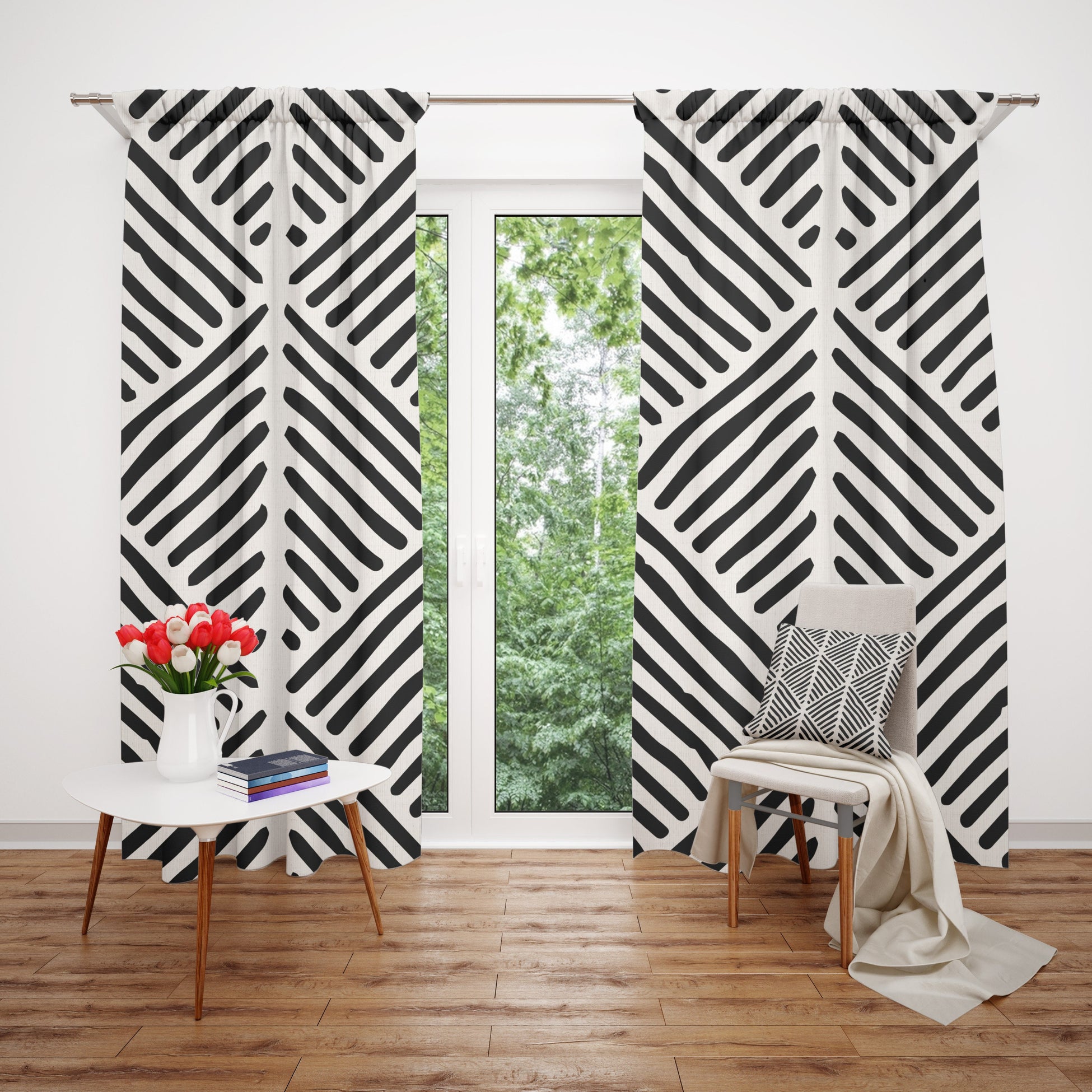 Scandinavian Geometric Black White Blackout Window Curtain DOUALA – Shapes Decor