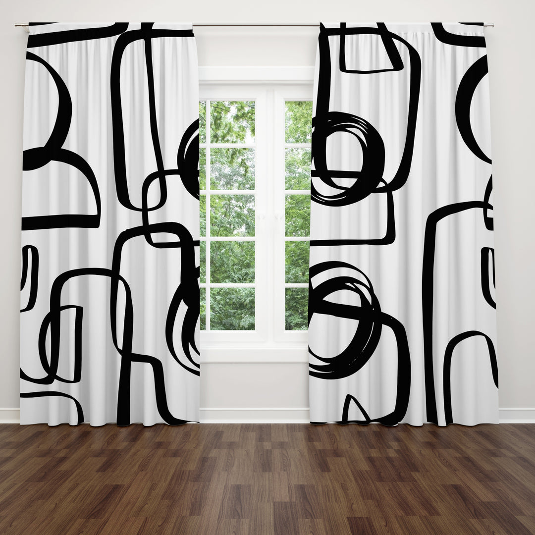 Abstract Geometric Black White Mid Century Modern Blackout Window Curt ...